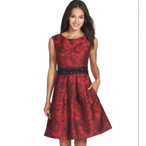 Eliza J | Dresses | Eliza J Red Floral Brocaid Fit And Flare Dress 6 ...